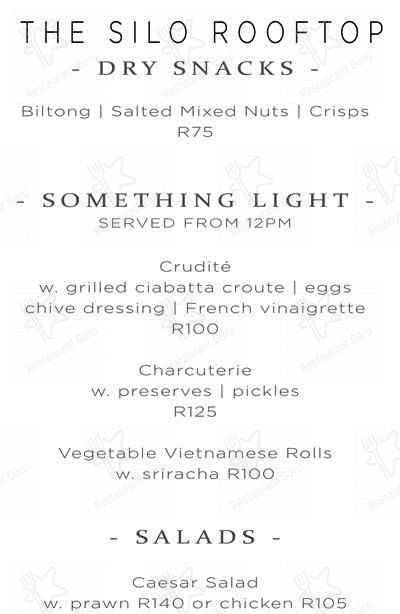 Menu at Silo Rooftop Bar, Cape Town