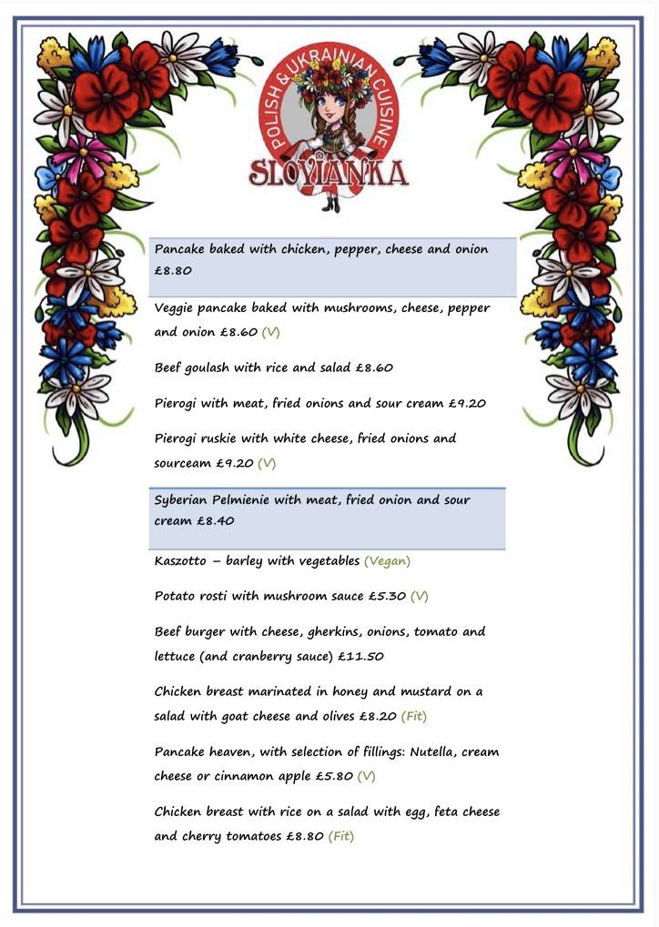 Menu at Slovianka Polish & Ukrainian cuisine restaurant, Coventry