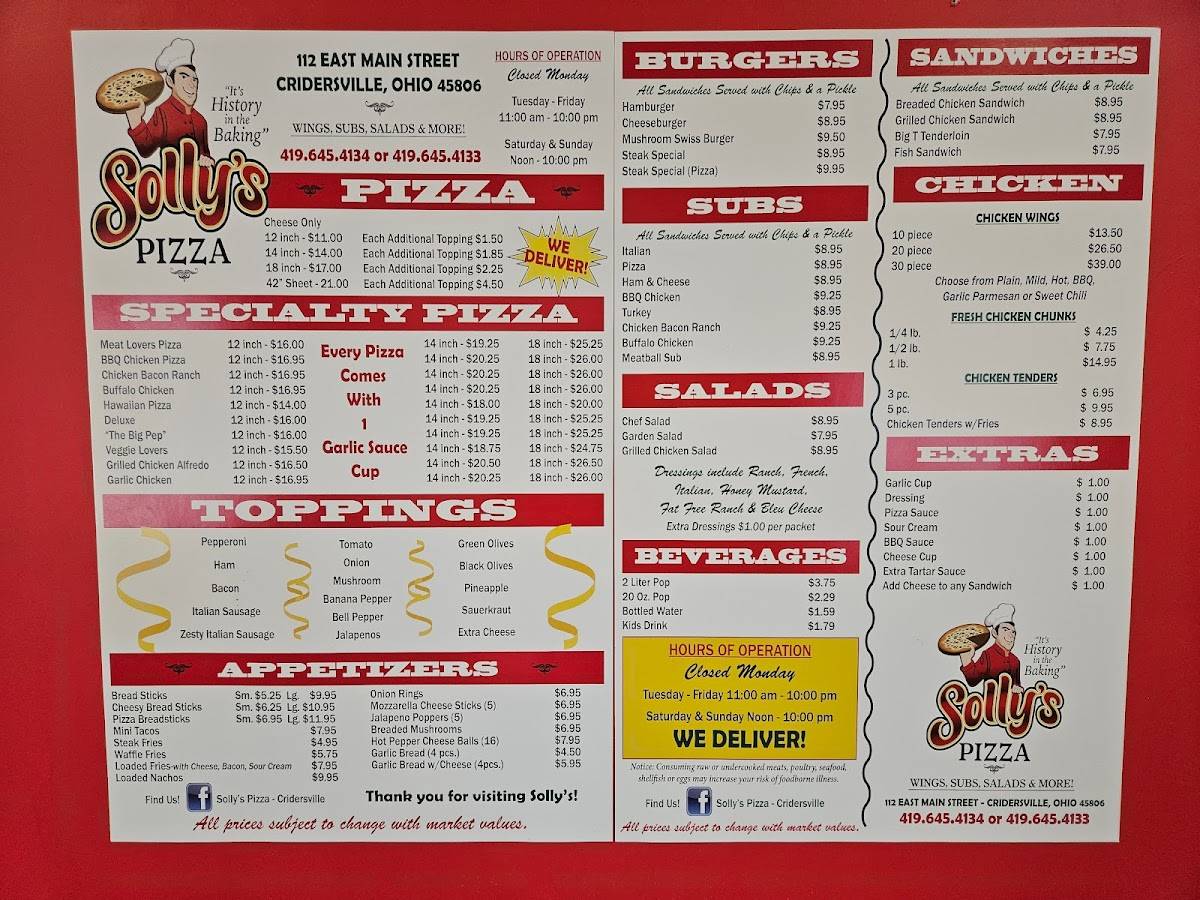 Menu at Solly's Pizza restaurant, Cridersville