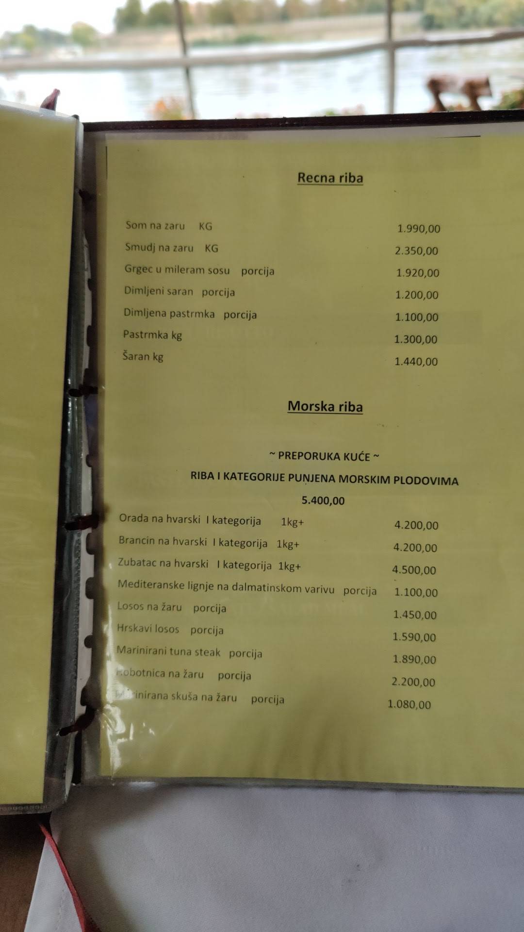 Menu at Stara Koliba restaurant, Belgrade
