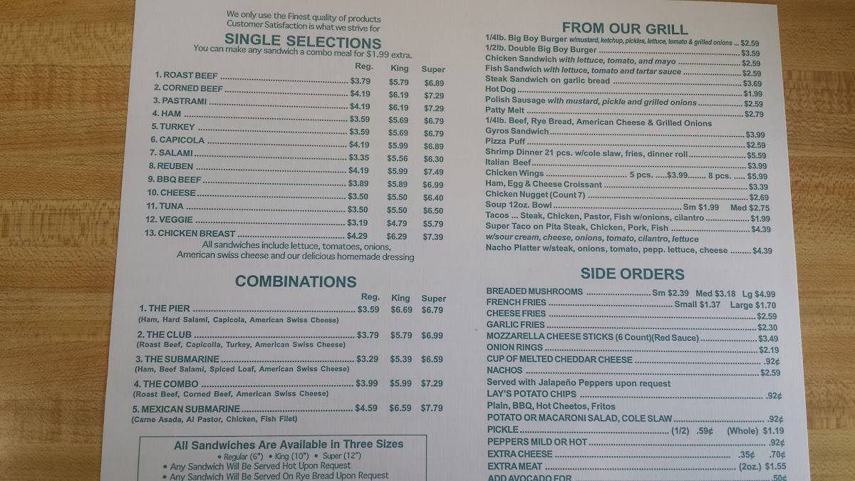Menu at The Submarine Pier restaurant, Chicago, S Archer Ave