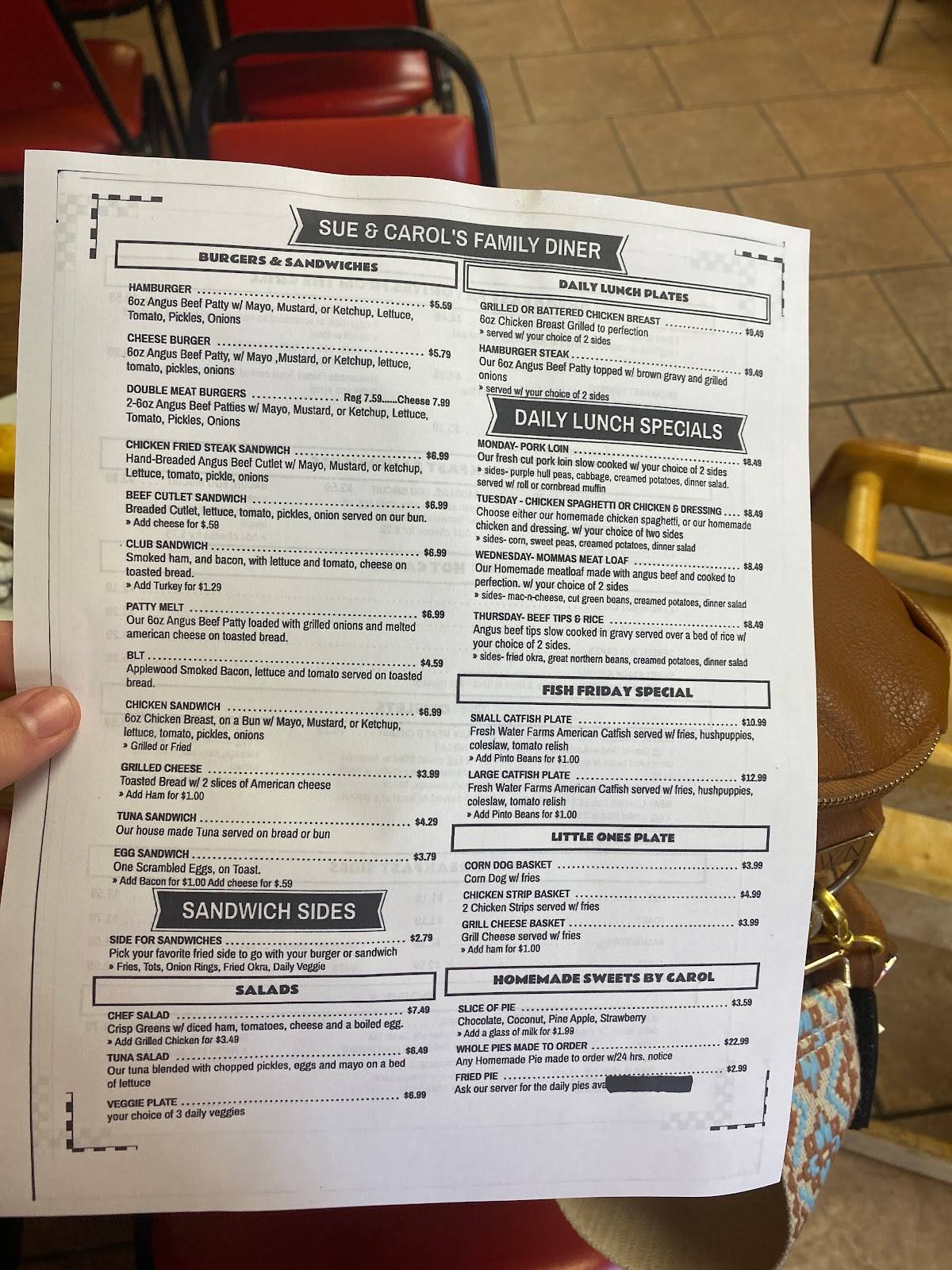 Menu at Sue N' Carol's Kitchen restaurant, Texarkana, 938 N State Line Ave