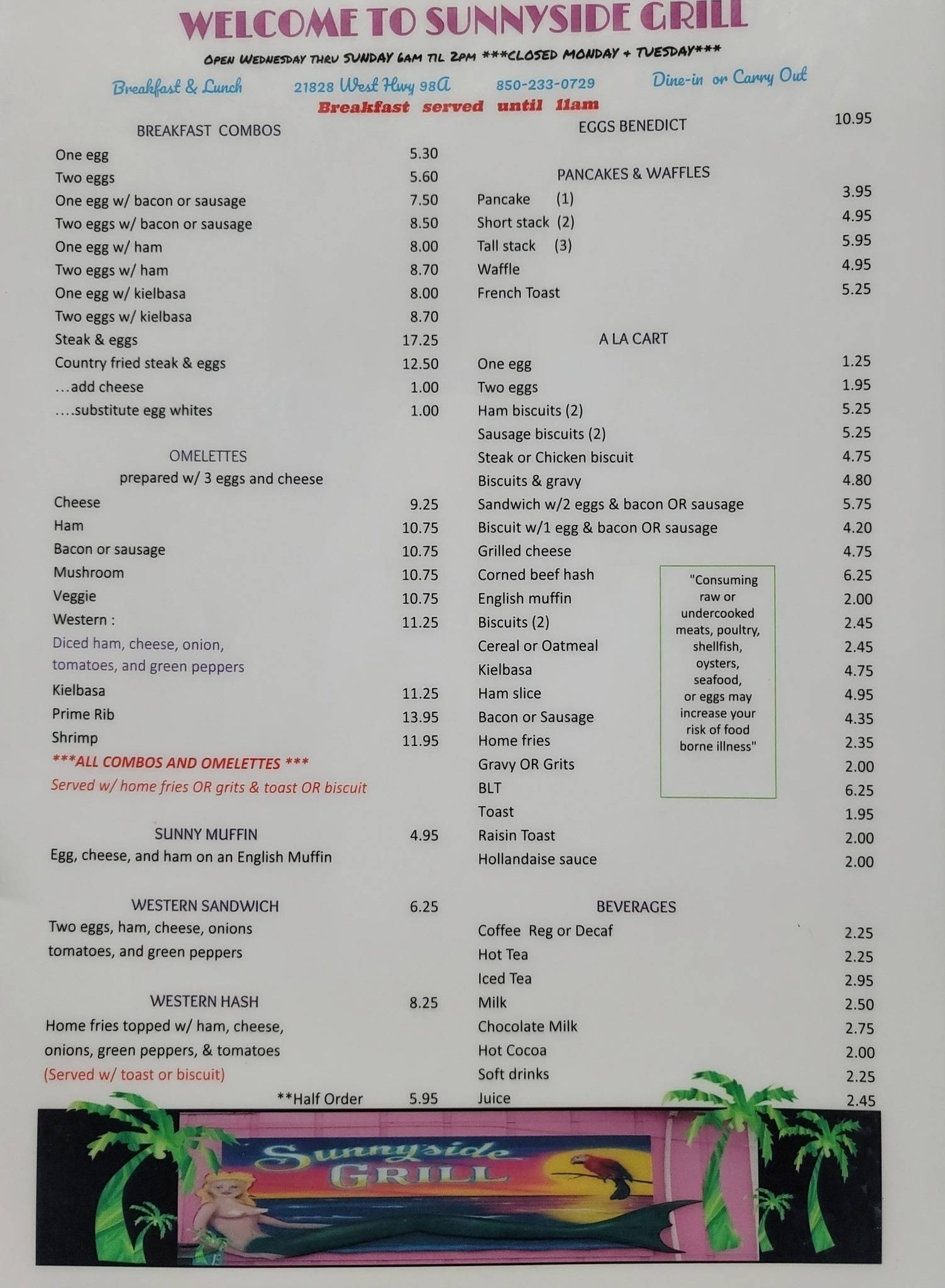 Menu at Sunnyside Grill restaurant, Panama City Beach