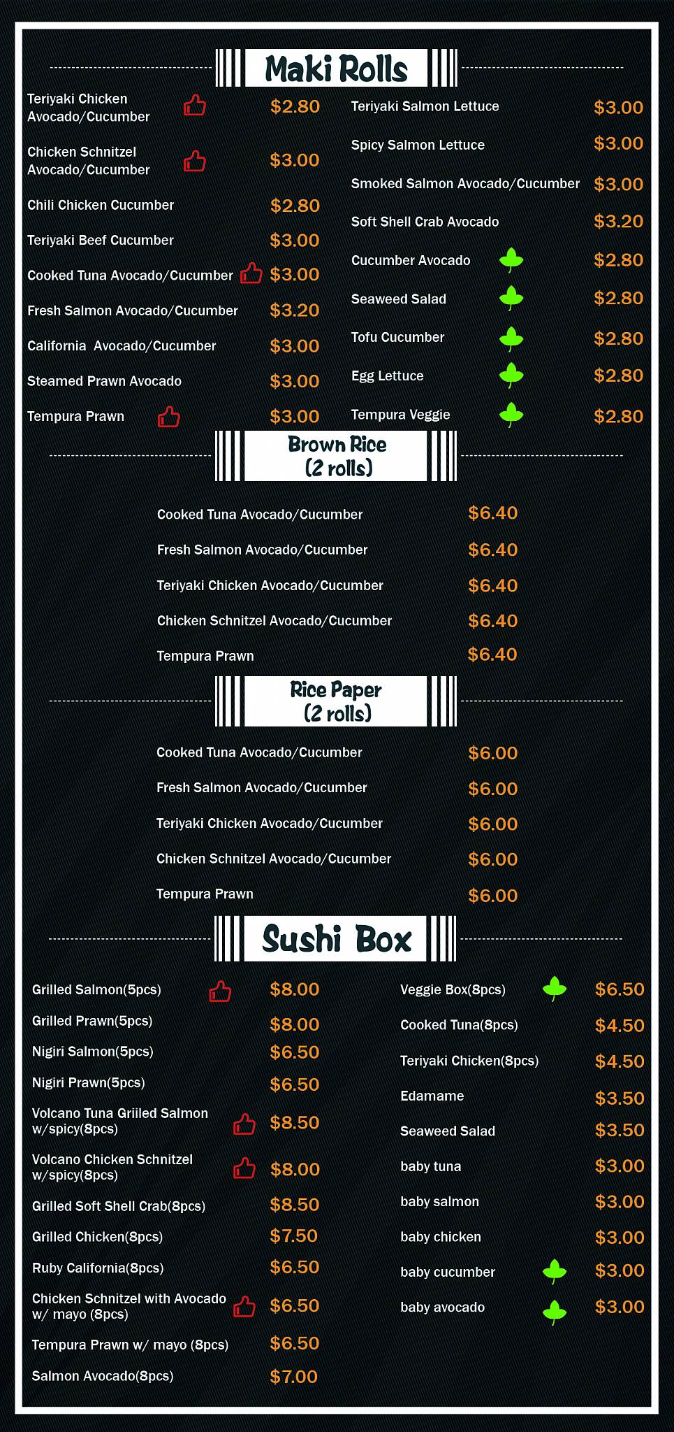 Menu at Sushiya Miranda restaurant, Miranda