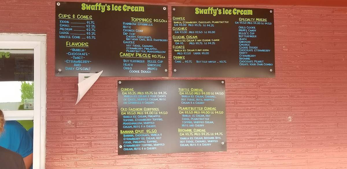 Menu at Swaffy's Ice Cream, Monroe