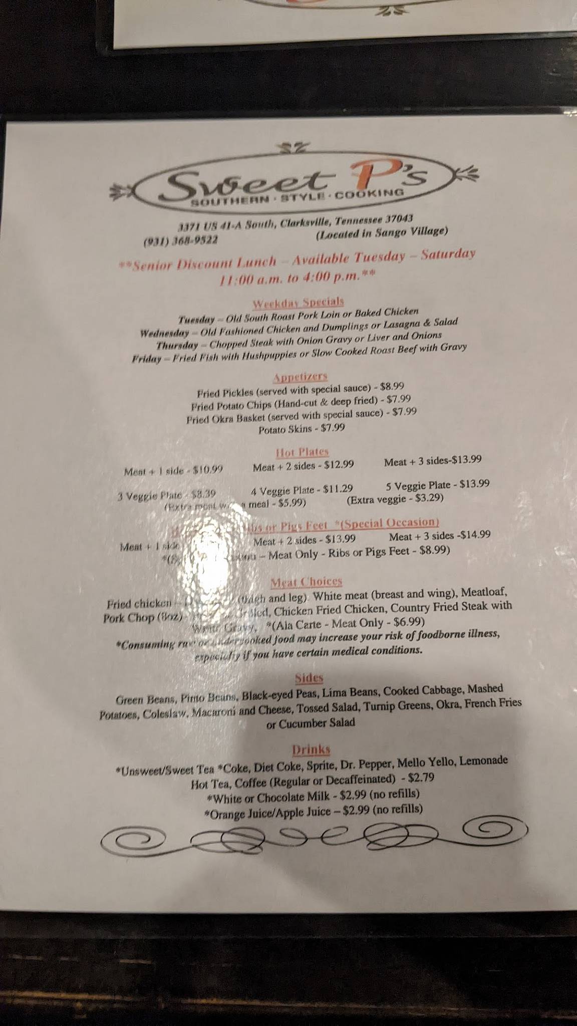 Menu at Sweet P's Southern Style restaurant, Clarksville