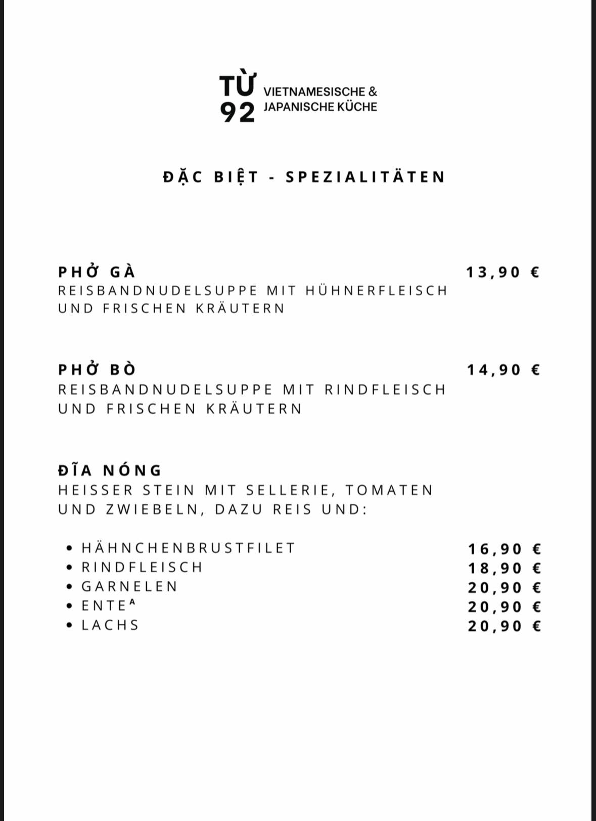 Speisekarte von TU 92 Restaurant - Blieskastel, Blieskastel