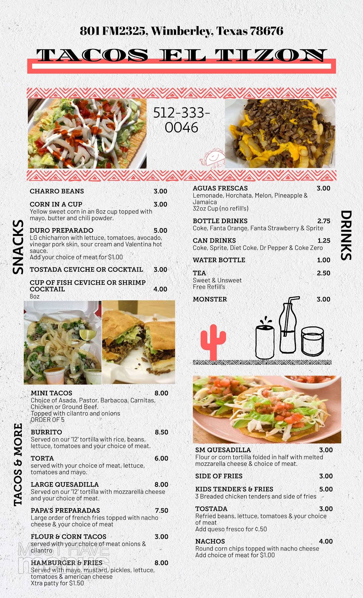 Menu at Tacos El Tizon restaurant, Wimberley, 801 Farm to Market Rd 2325