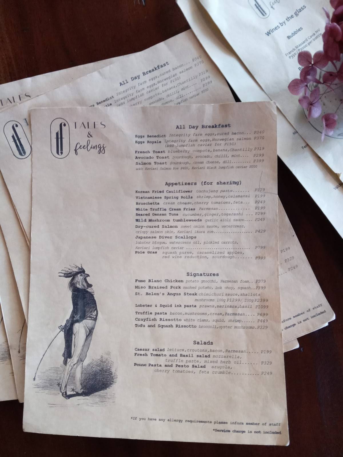 Menu at Tales and Feelings restaurant, Cebu City