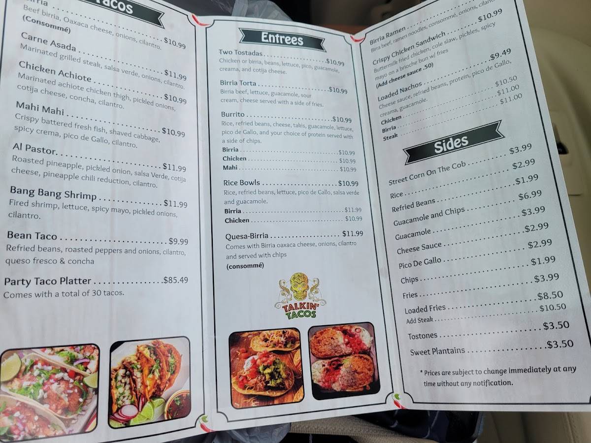 Menu at Talkin' Tacos Miramar restaurant, Miramar