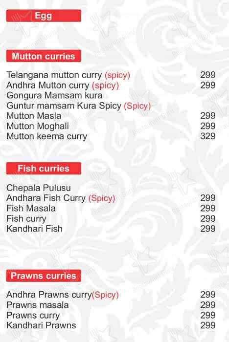 Menu at Telugu Bojanam, Hyderabad