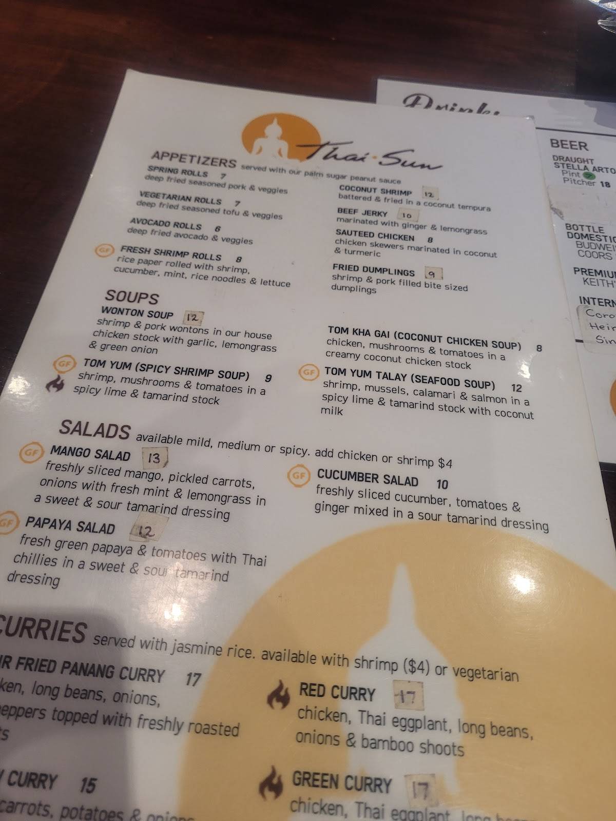 Menu at Thai Sun restaurant, Waterloo