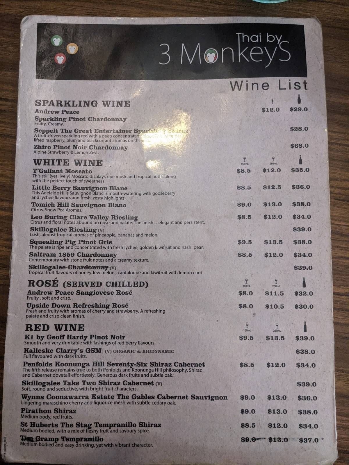 Menu at Thai by 3 Monkeys restaurant, North Adelaide