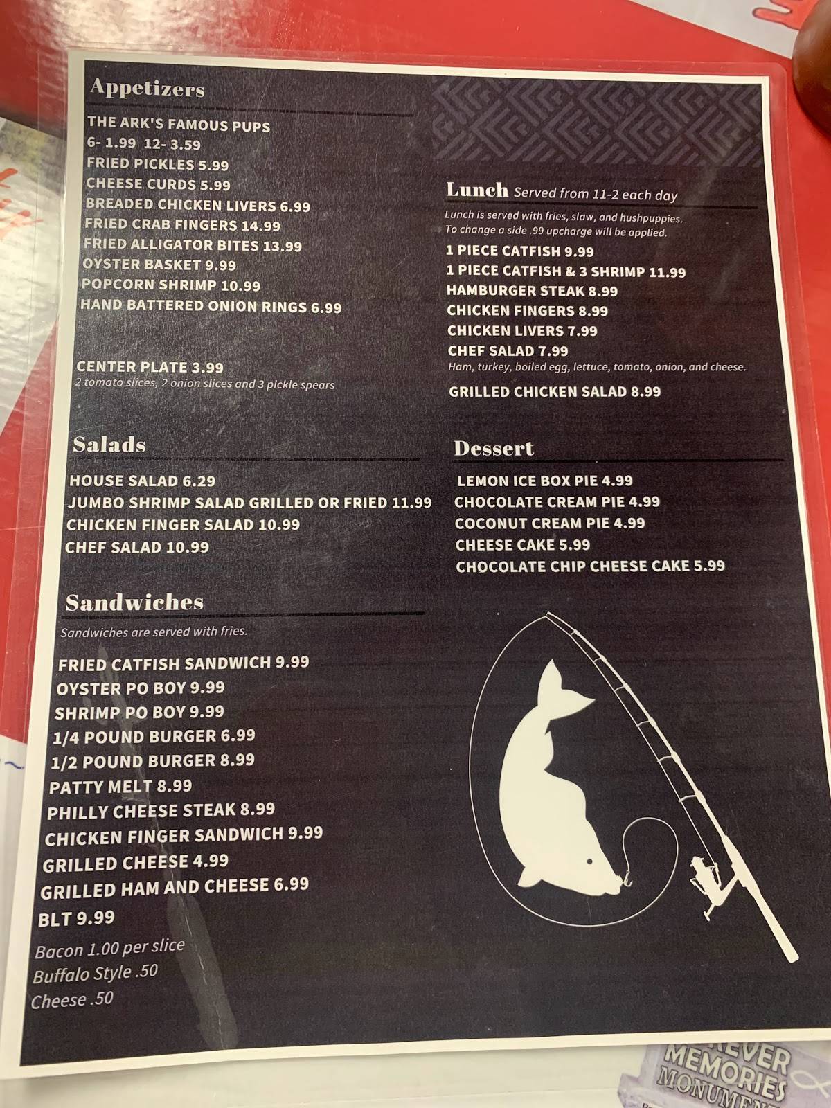 Menu at The Ark restaurant, Riverside, US-78