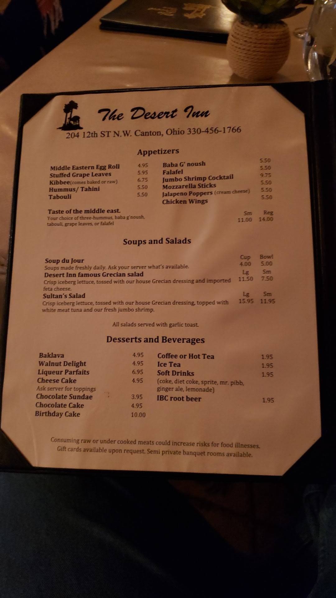 Menu at The Desert Inn restaurant, Canton