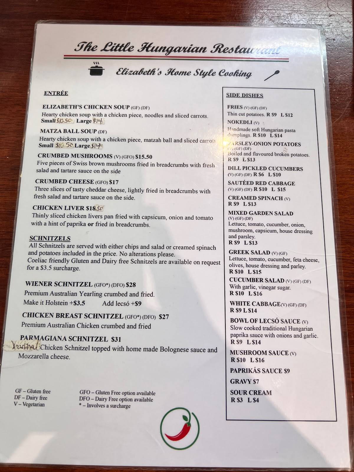 Menu at The Little Hungarian Restaurant, Caulfield South