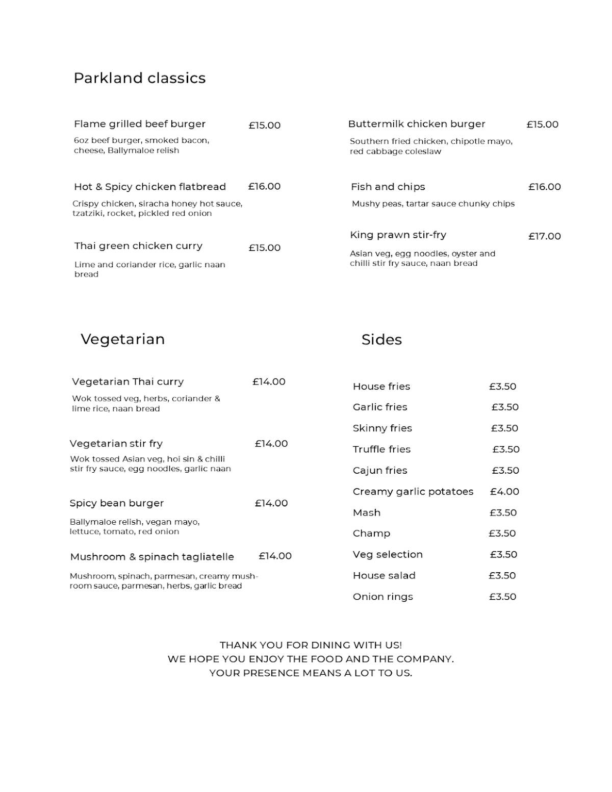 Menu at The Parkland Armagh restaurant, Armagh