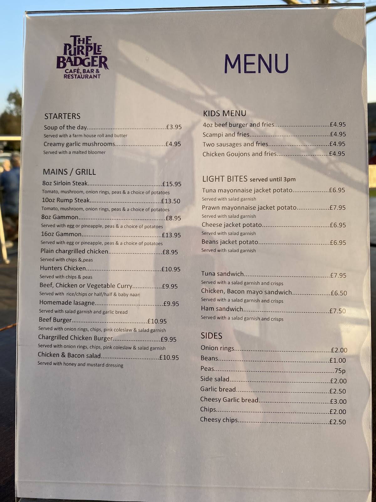 Menu at The Purple Badger restaurant, Llanelli