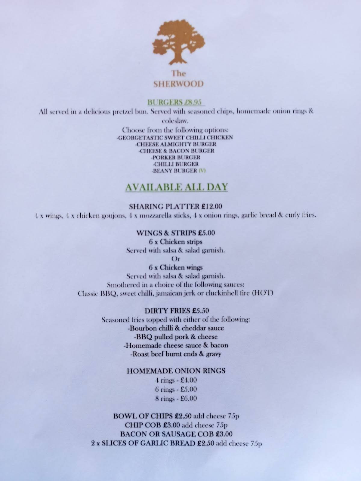 Menu at The Sherwood Inn restaurant, Rainworth