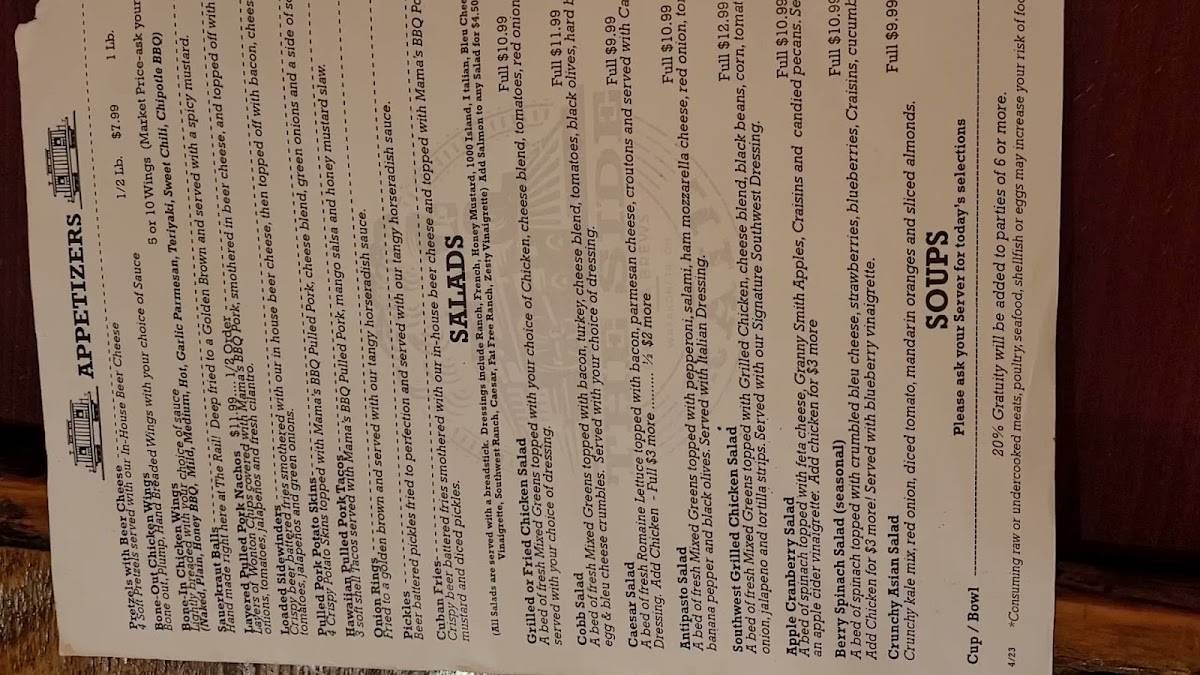 Menu at The Side Rail restaurant, Wapakoneta