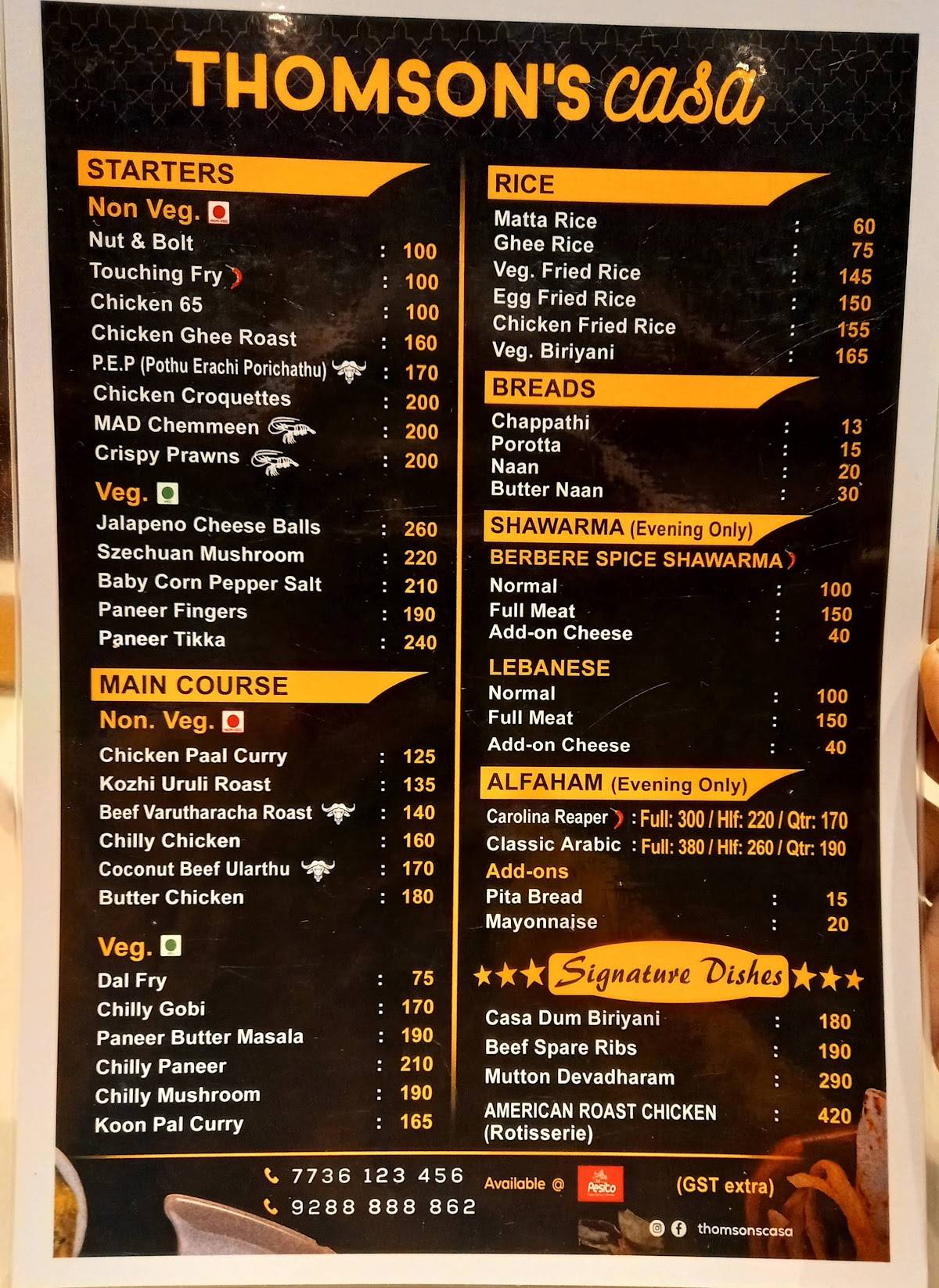 Menu at Thomson's Casa, Thrissur