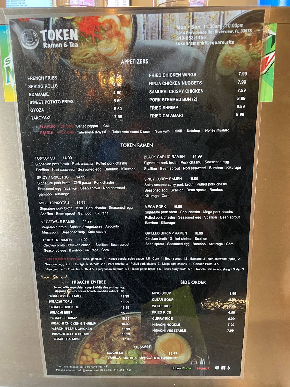 Menu at Token Ramen & Kung Fu Tea restaurant, Riverview