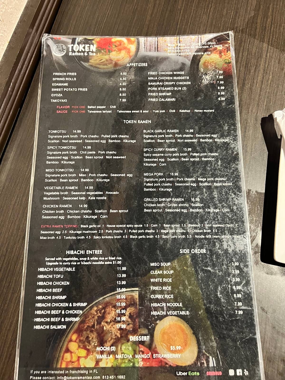 Menu at Token Ramen & Kung Fu Tea restaurant, Riverview