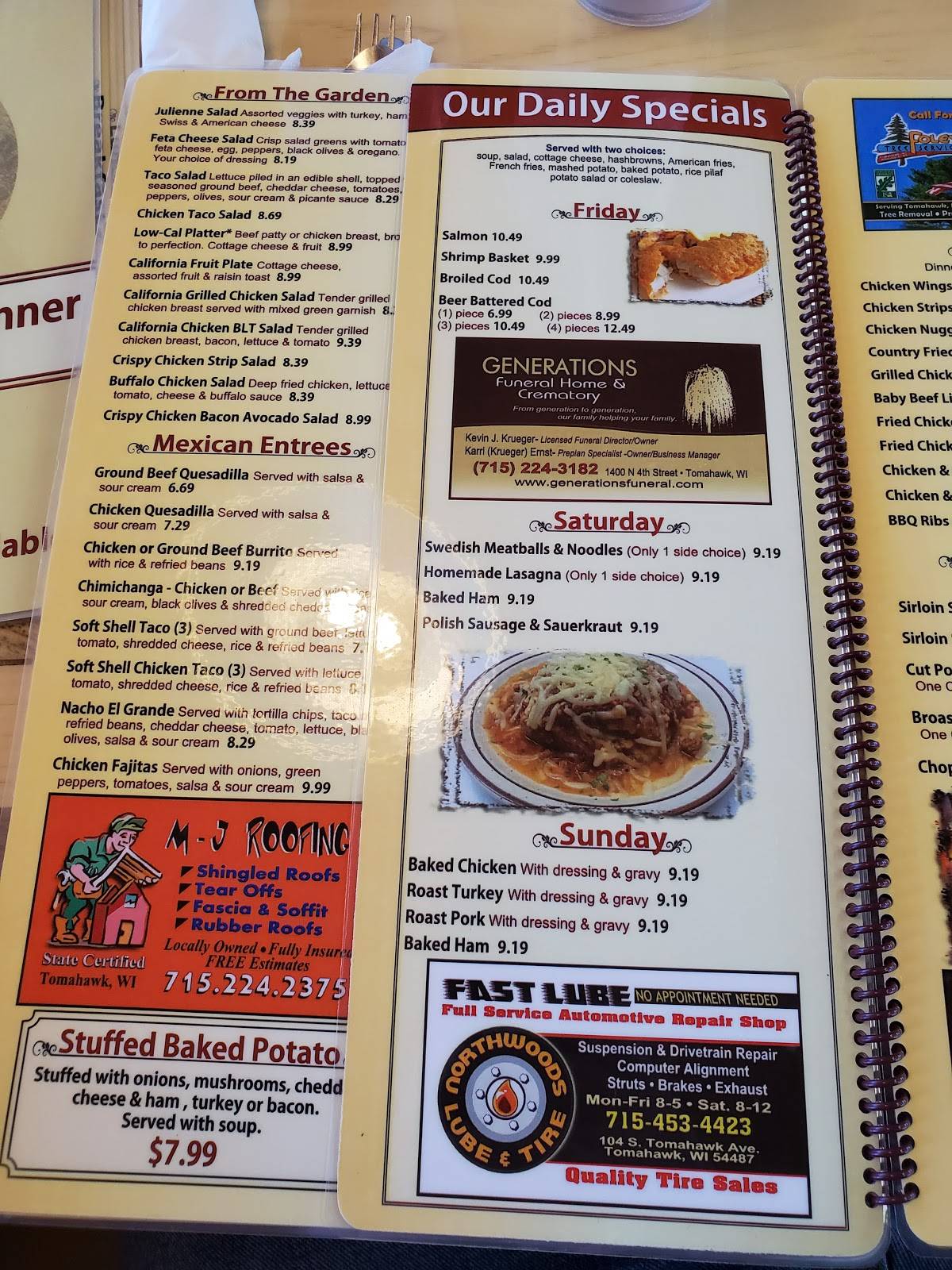 Menu at Tomahawk Family Restaurant, Tomahawk