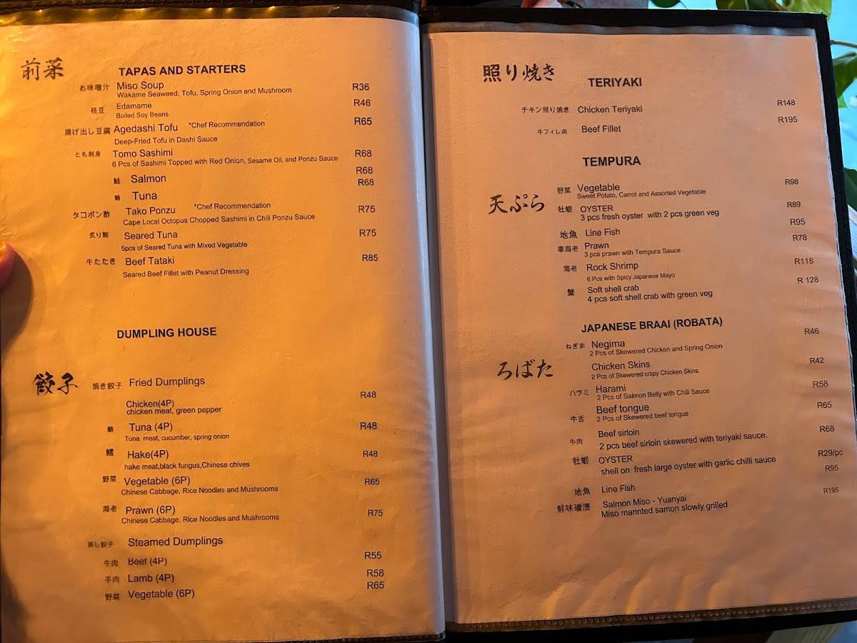 Menu at Tomo Restaurant, Cape Town
