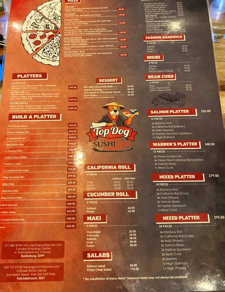 Menu at Top Dog Pub n Grill Potchefstroom, Potchefstroom
