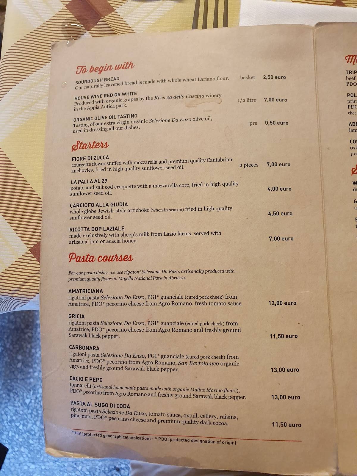 Menu at Trattoria Da Enzo al 29 restaurant, Rome