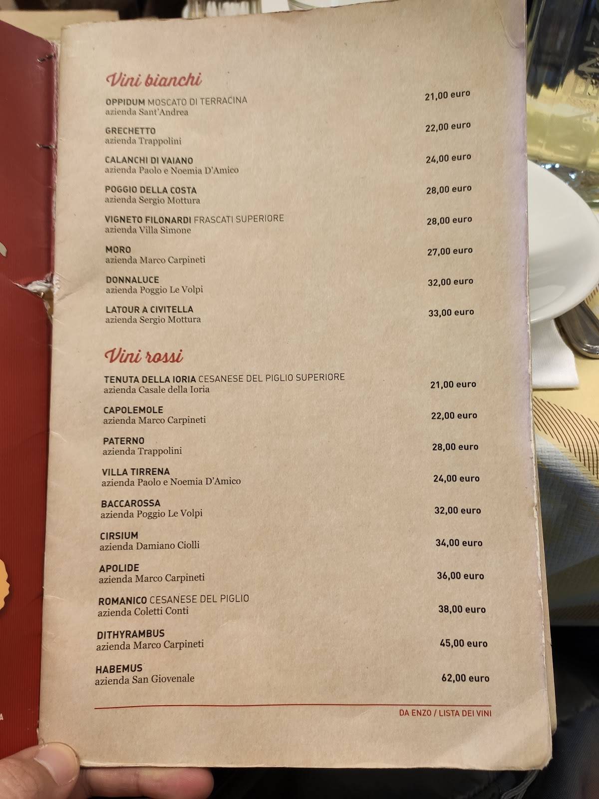 Menu at Trattoria Da Enzo al 29 restaurant, Rome