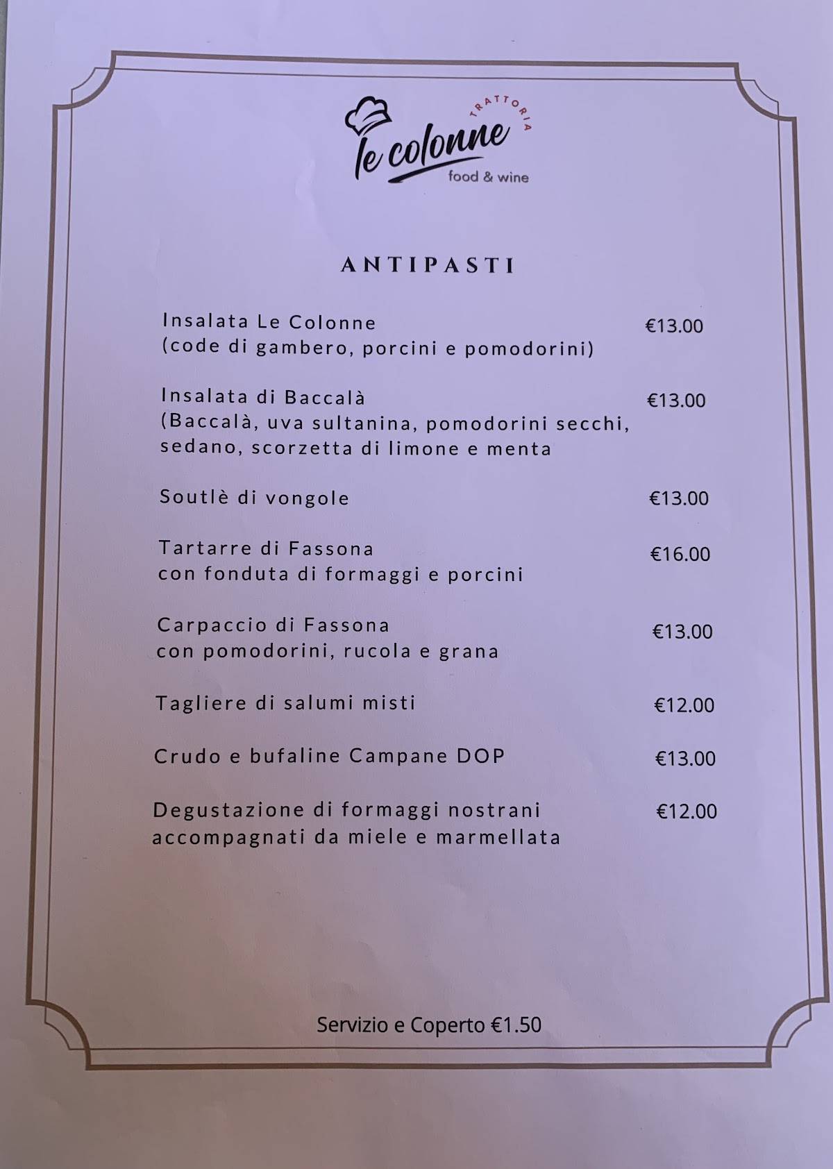 Speisekarte von Trattoria Le Colonne restaurant, Lomazzo