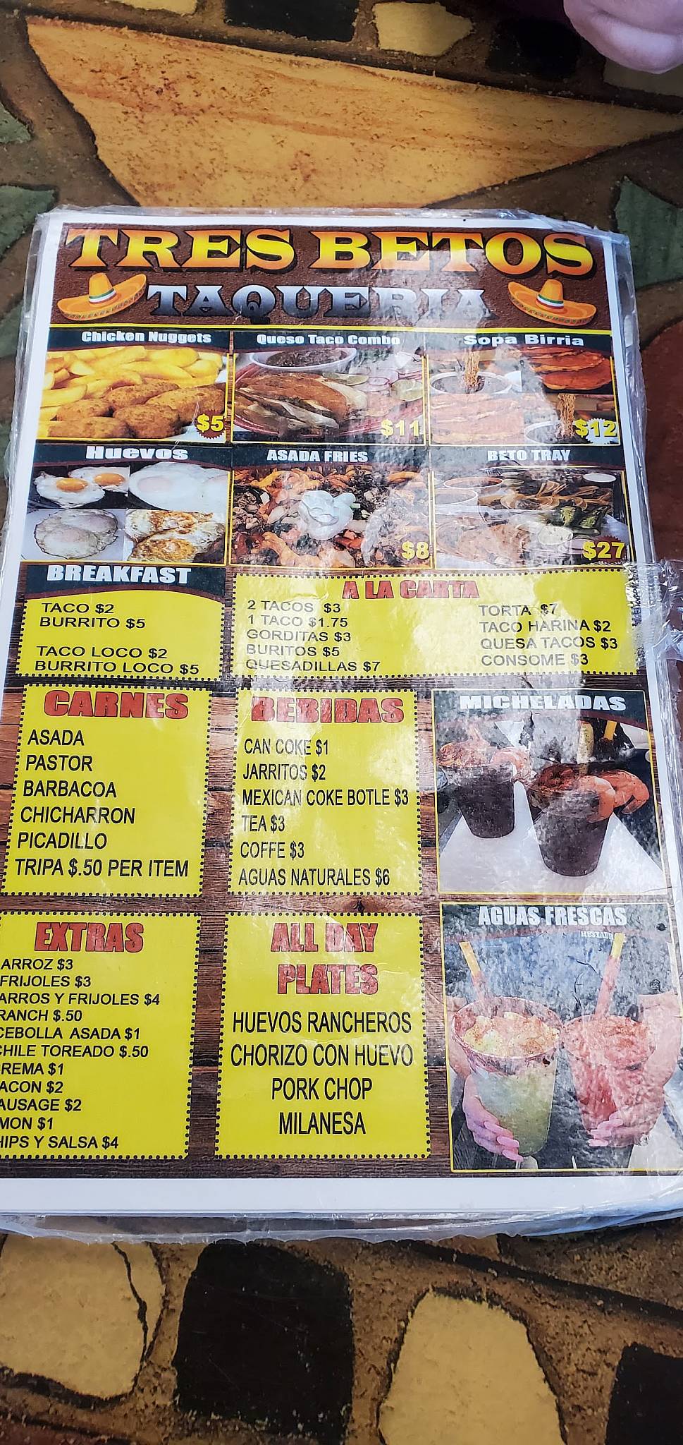Menu at Tres Betos Taqueria restaurant, Fort Worth