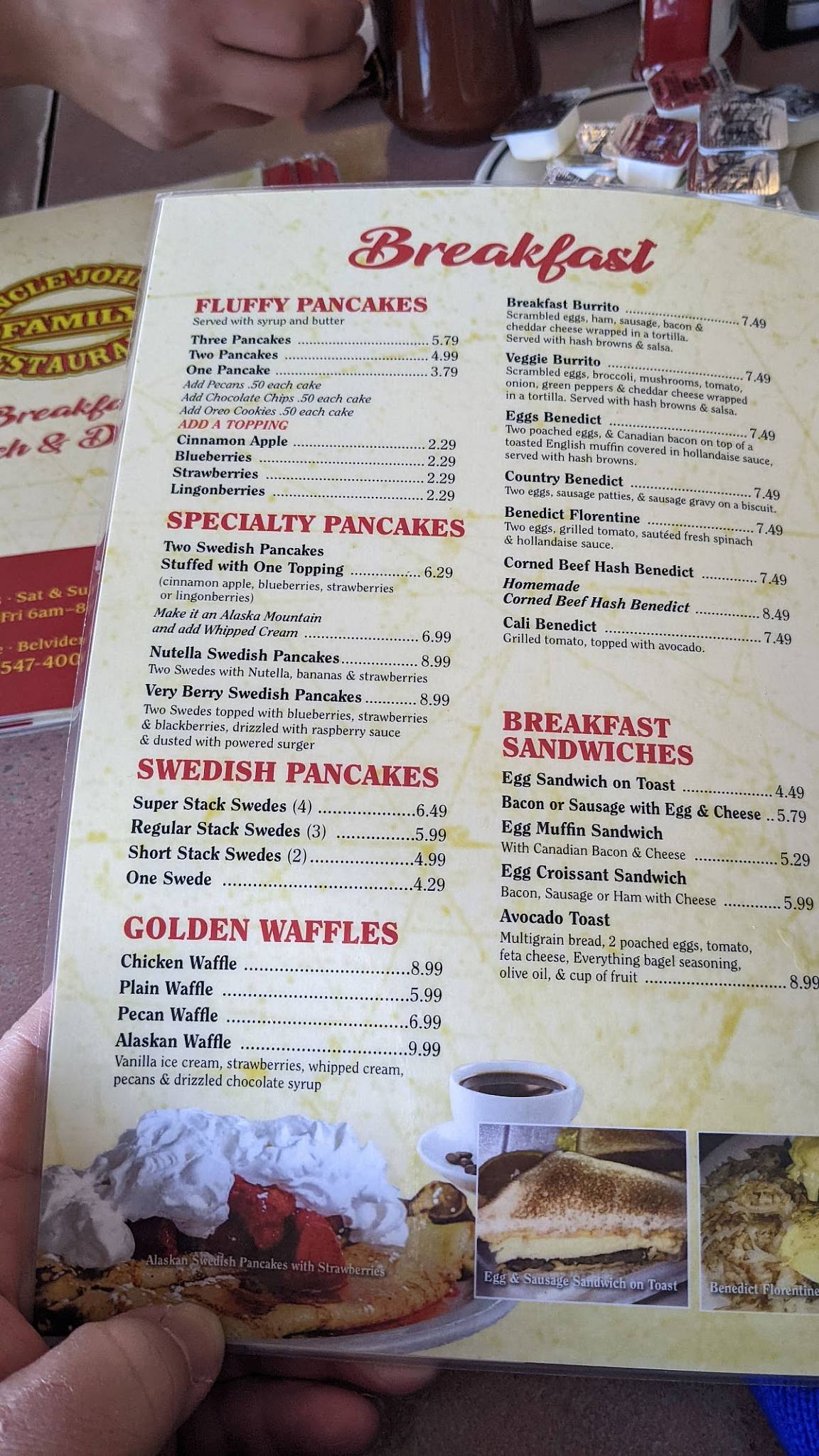Menu at Uncle John's restaurant, Belvidere