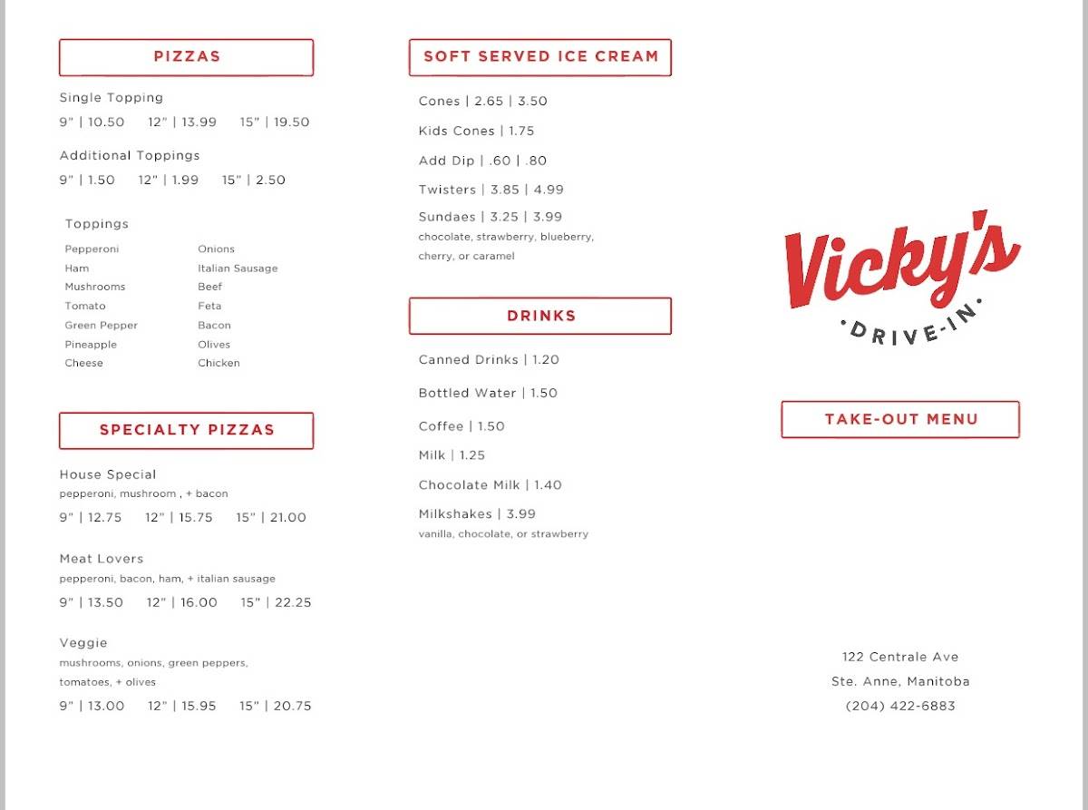 Menu at Vicky's Drive Inn restaurant, Ste. Anne