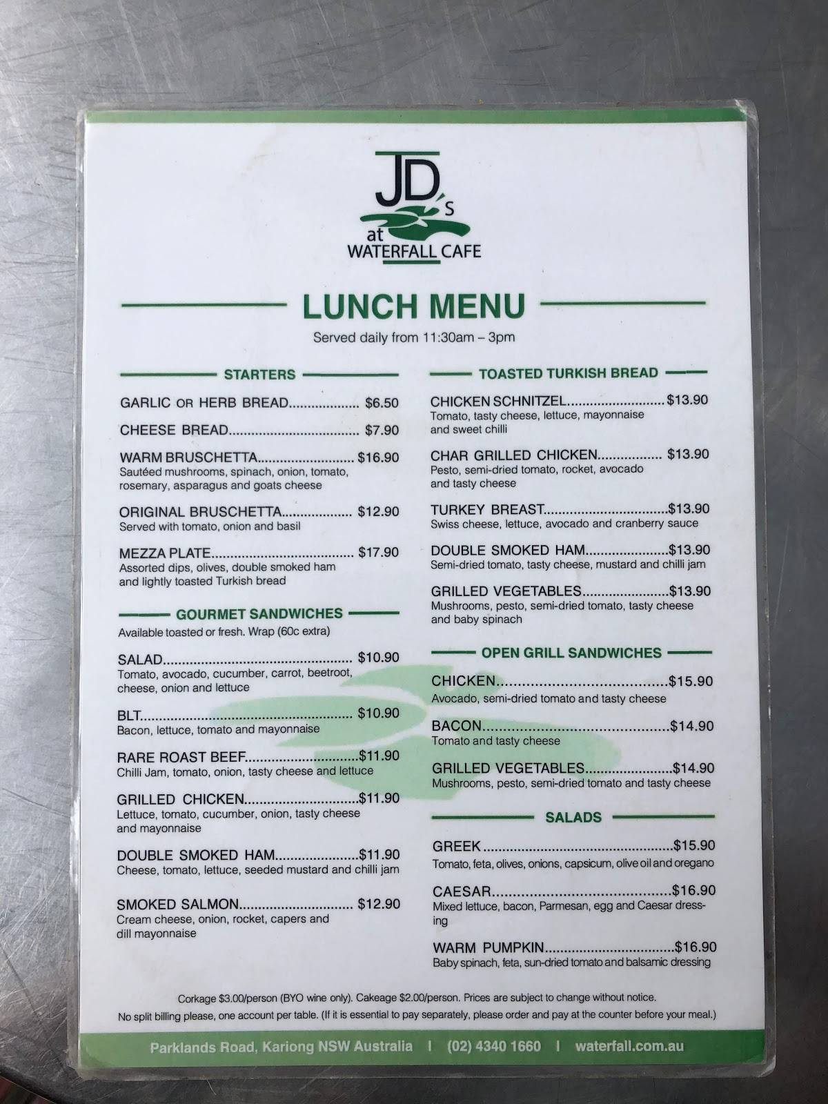 Menu at Waterfall Cafe, Kariong