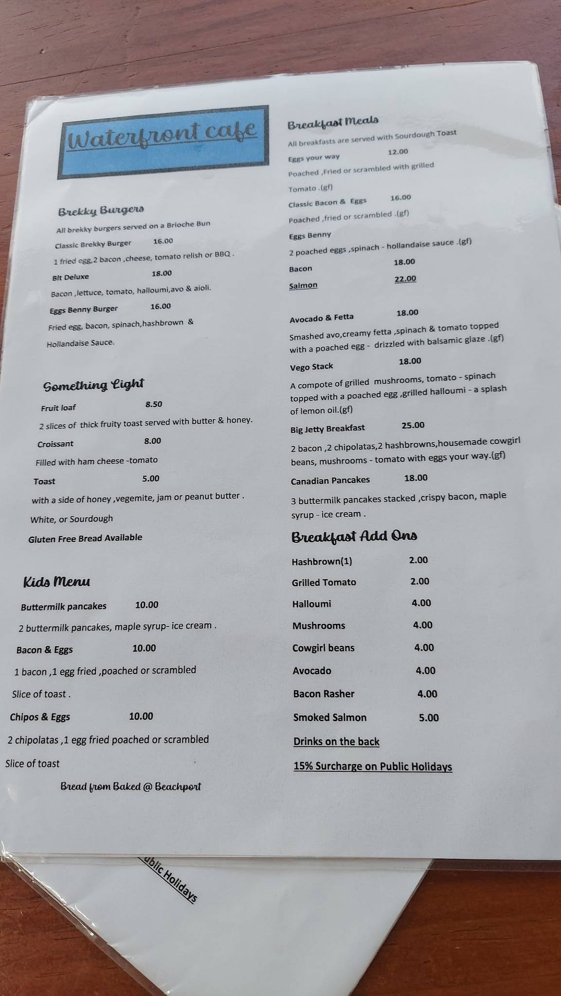 Menu at Waterfront Cafe at the Jetty, Beachport
