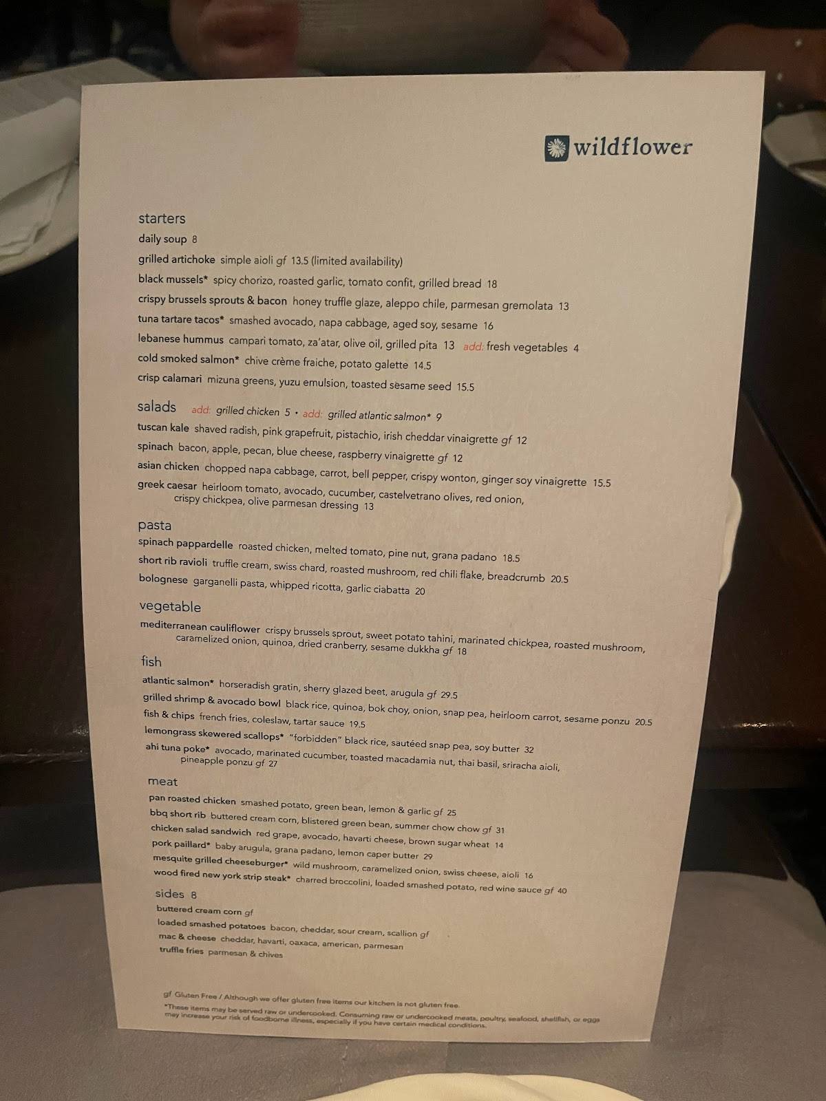 Menu at Wildflower restaurant, Tucson