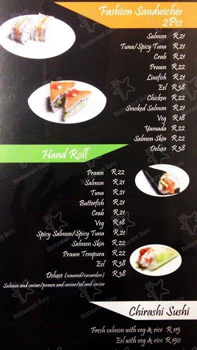 Menu at Yamada Sushi restaurant, Johannesburg, Cnr Rivonia and Mutual road