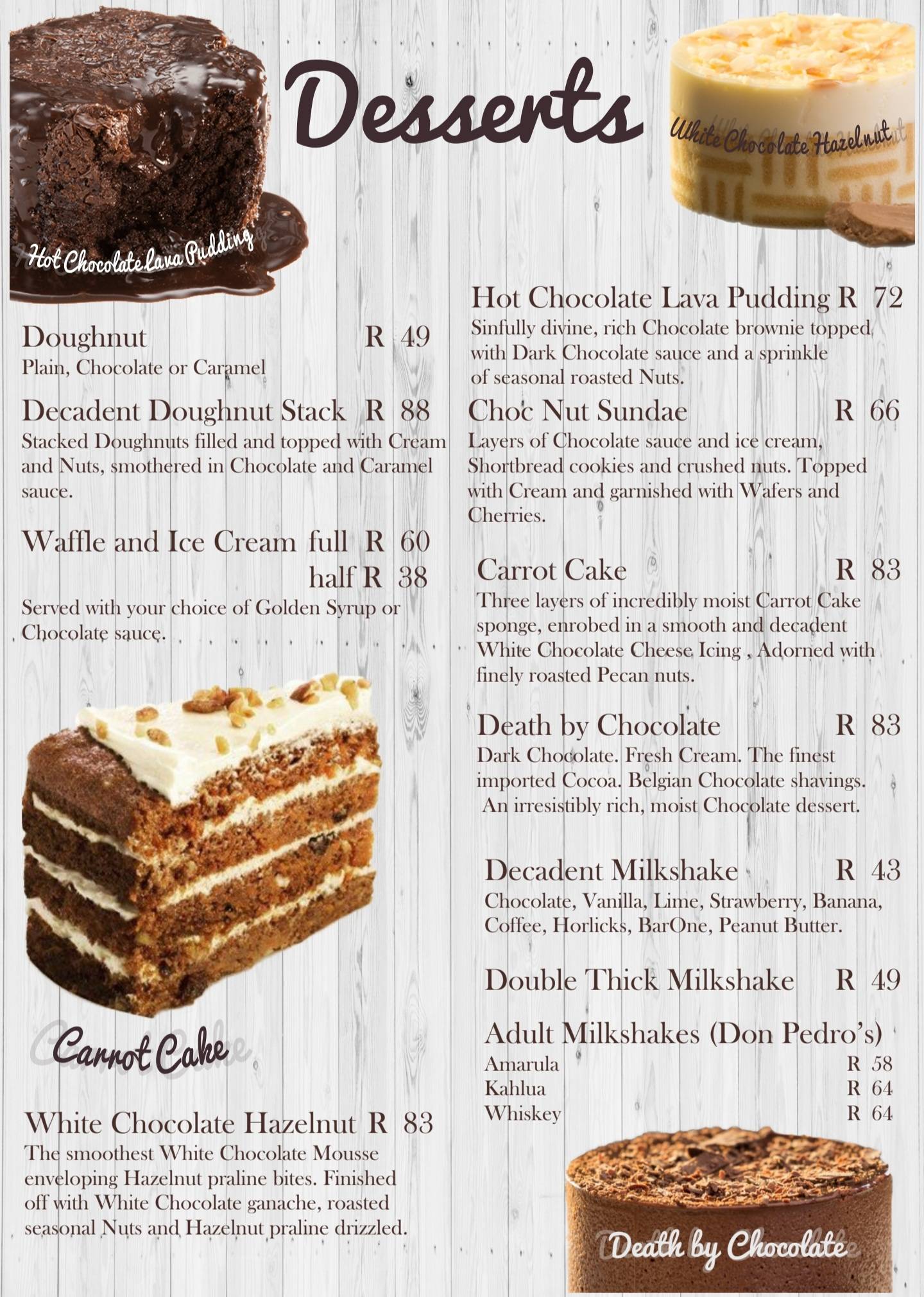 Menu at the Pothole & Donkey restaurant, Grahamstown