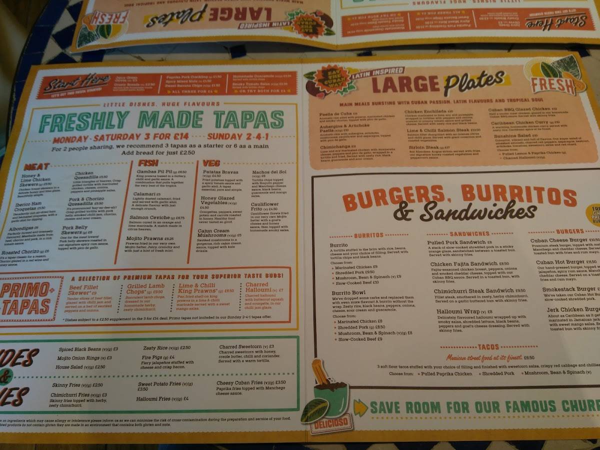 Menu at Revolución de Cuba Nottingham restaurant, Nottingham