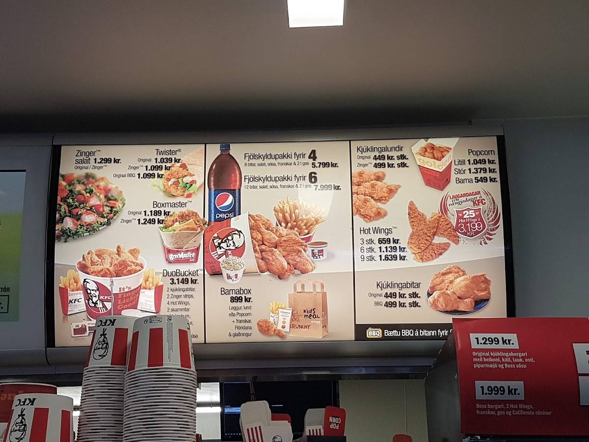 Menu at KFC restaurant, Reykjavík, Faxafen 2
