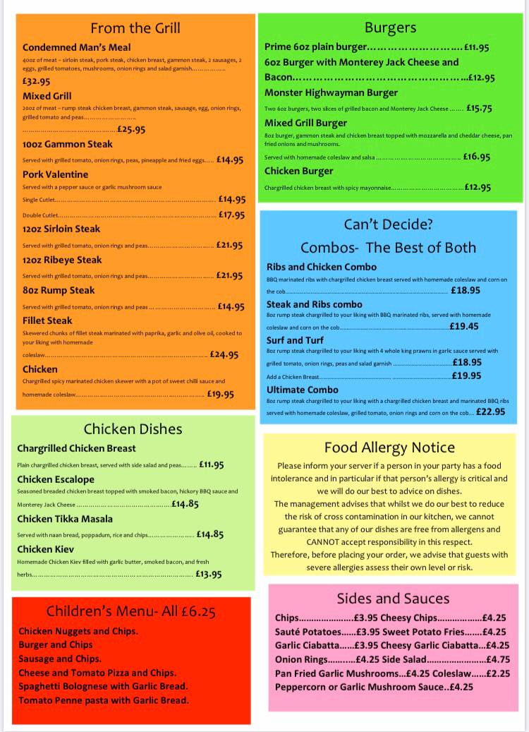 Menu at The Highwayman Inn pub & bar, Rhoose, Port Rd