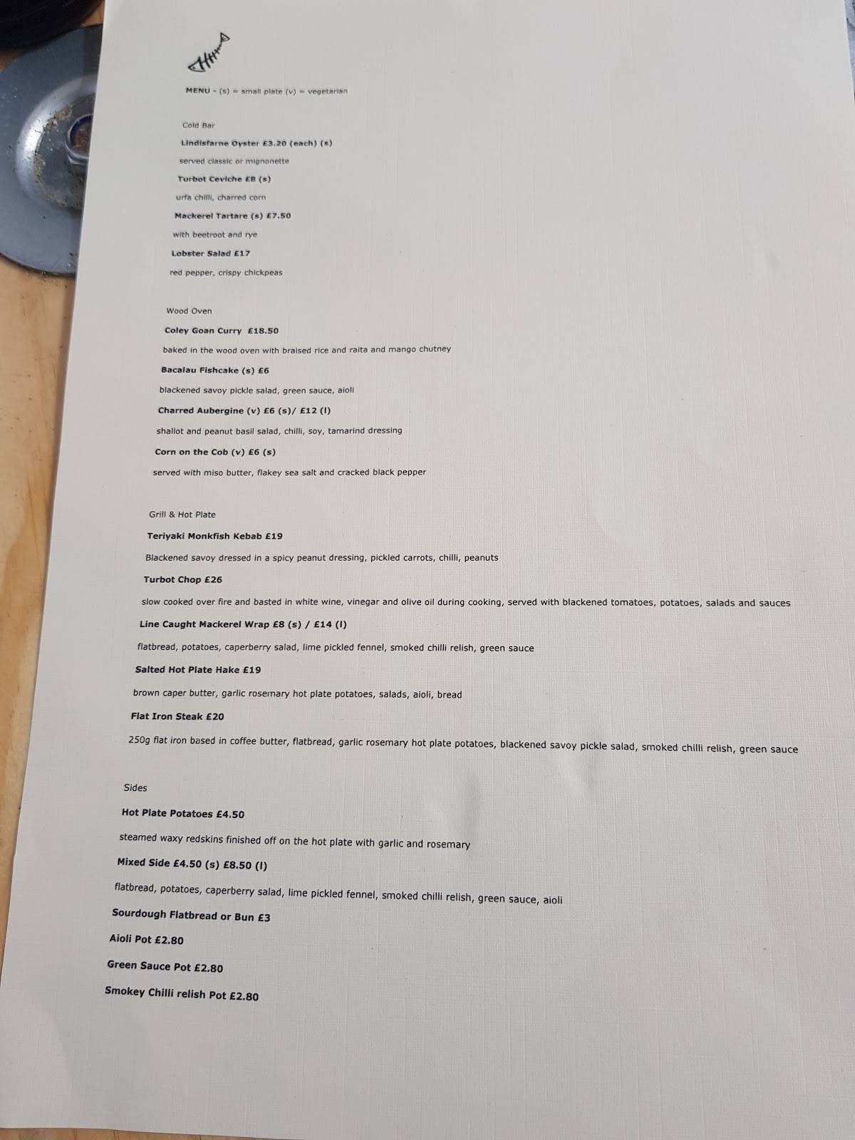Menu at Riley's Fish Shack restaurant, Tynemouth
