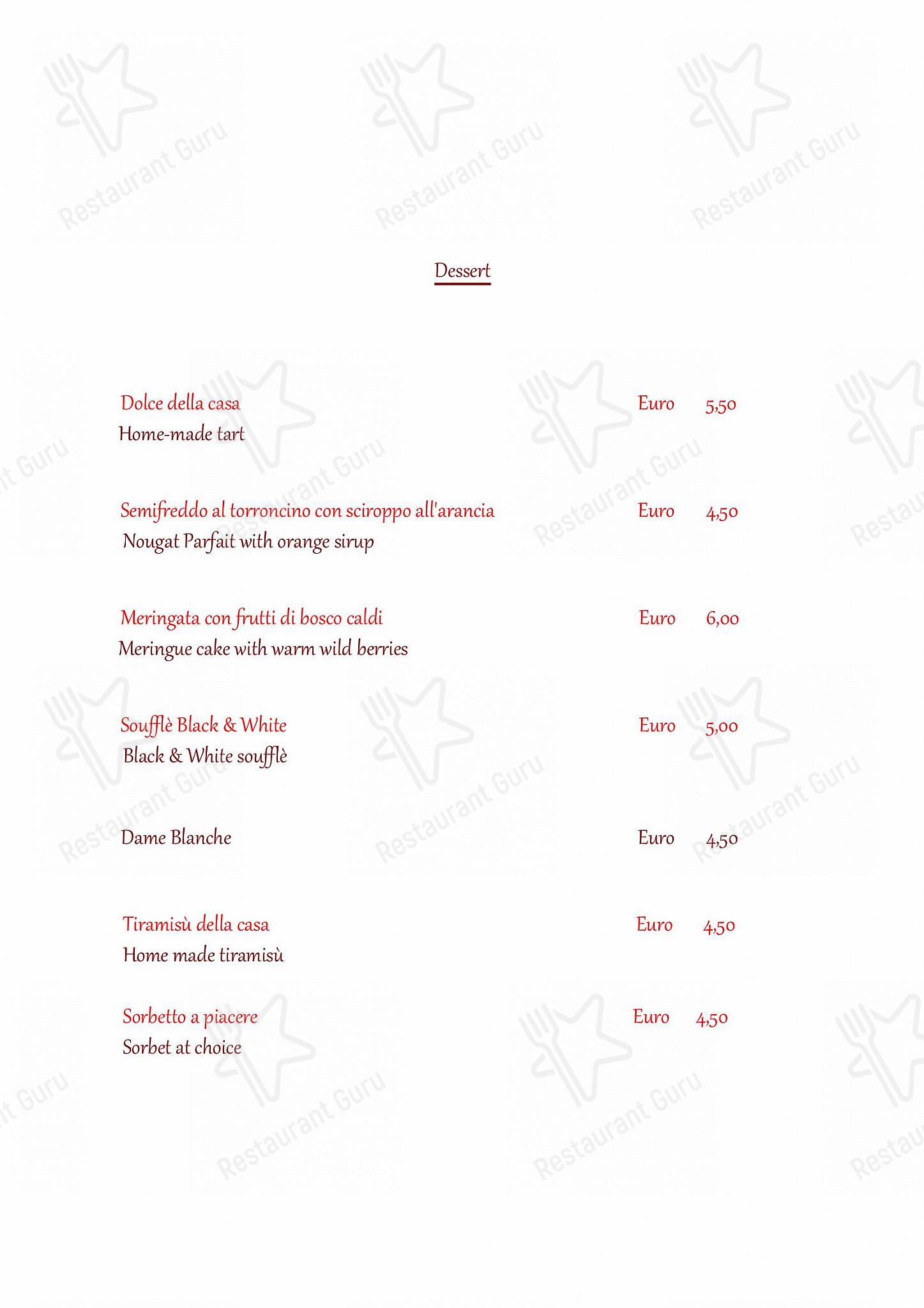 Menu at Cardini restaurant, Stresa