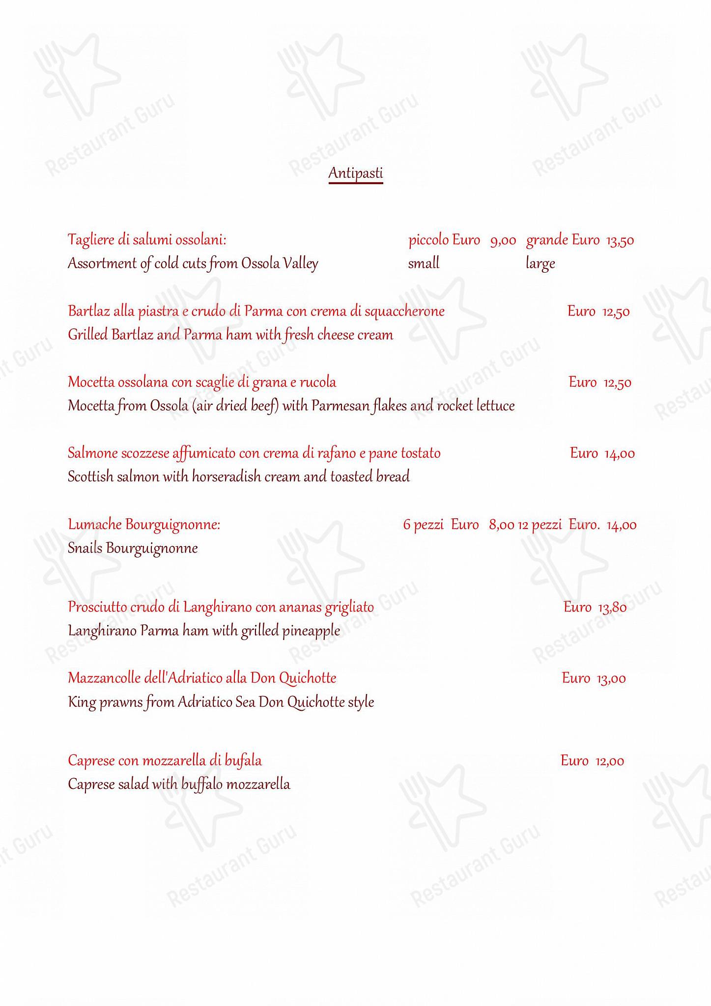 Menu at Cardini restaurant, Stresa