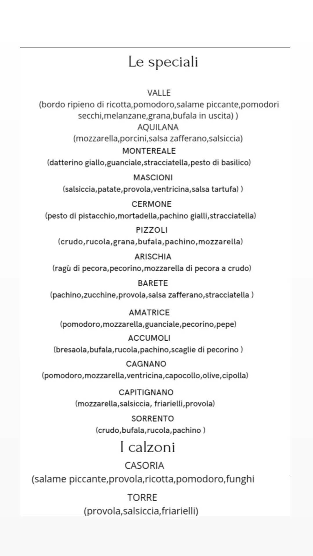 Menu da Ristorante- Pizzeria Valle, Cermone