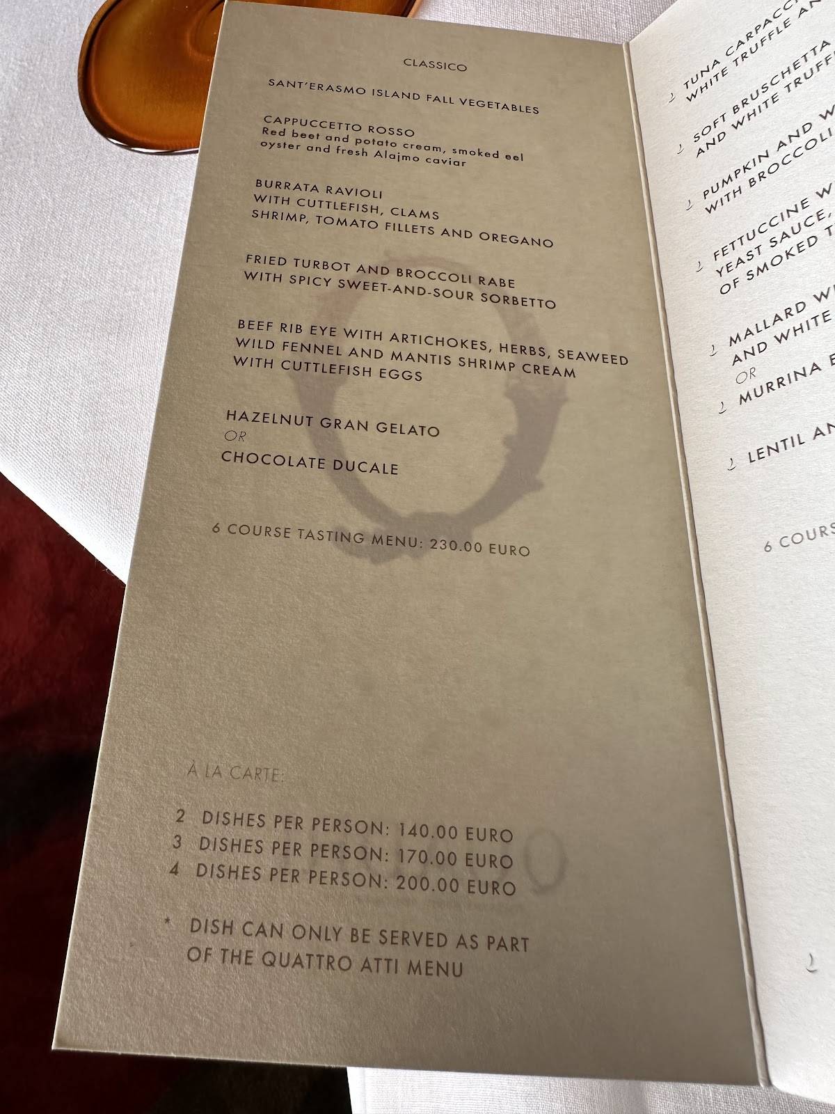 Menu da Gran Caffè Quadri ristorante, Venezia