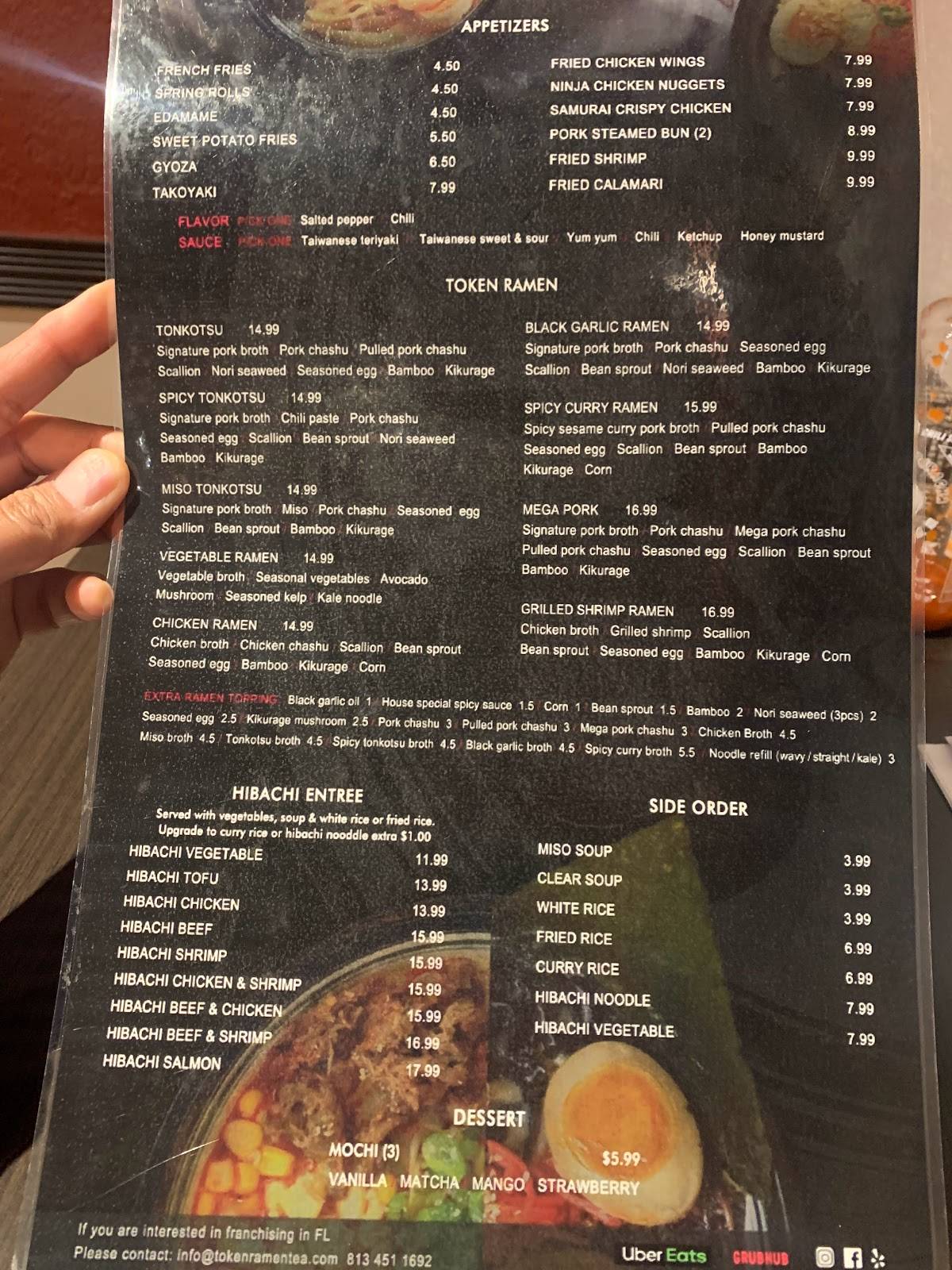 Menu at Token Ramen & Kung Fu Tea restaurant, Riverview